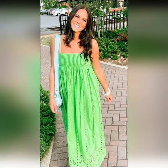 Zara | Dresses | Zara Openwork Eyelet Embroidered Green Dress Flowy ...